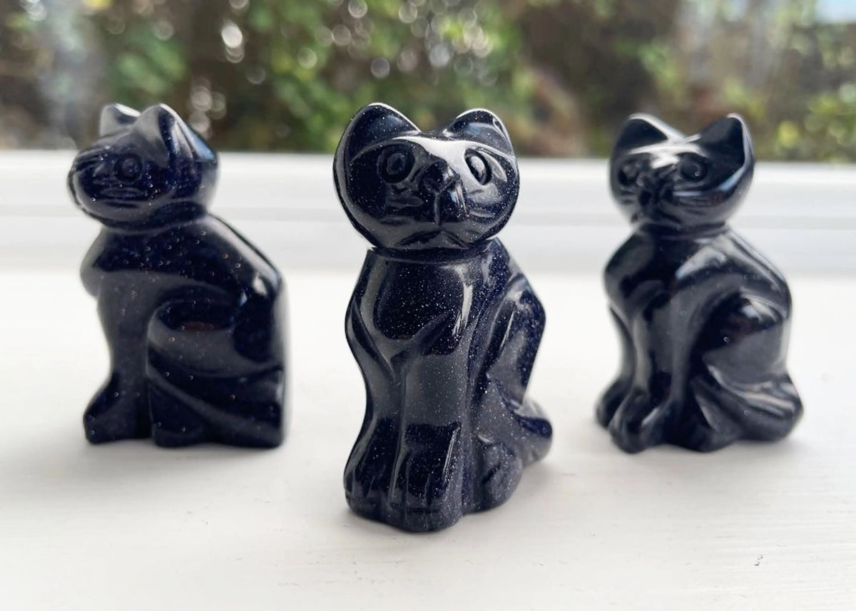 Carved And Polished Blue Goldstone Cat – Hart, Body and Soul